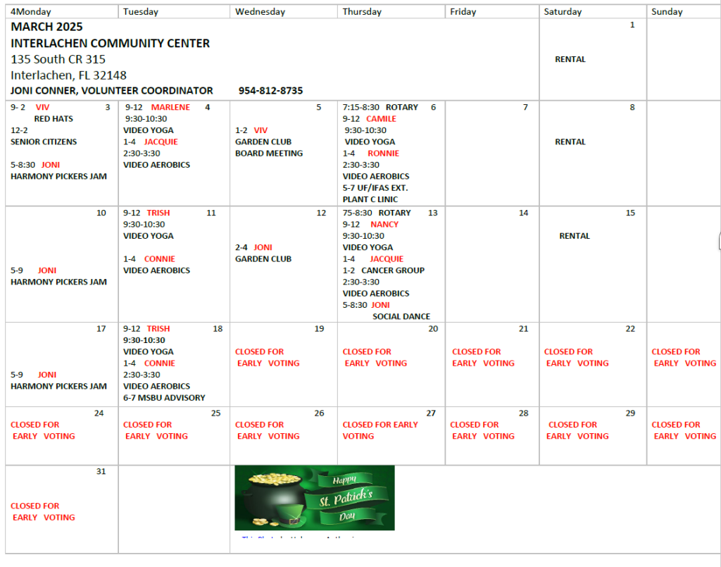 Community Center Calendar – Town of Interlachen, Florida