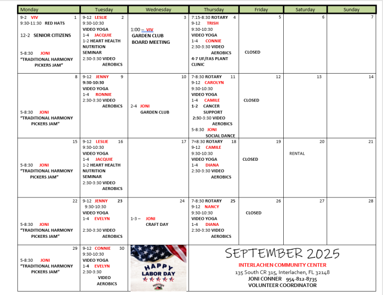 Community Center Calendar – Town of Interlachen, Florida
