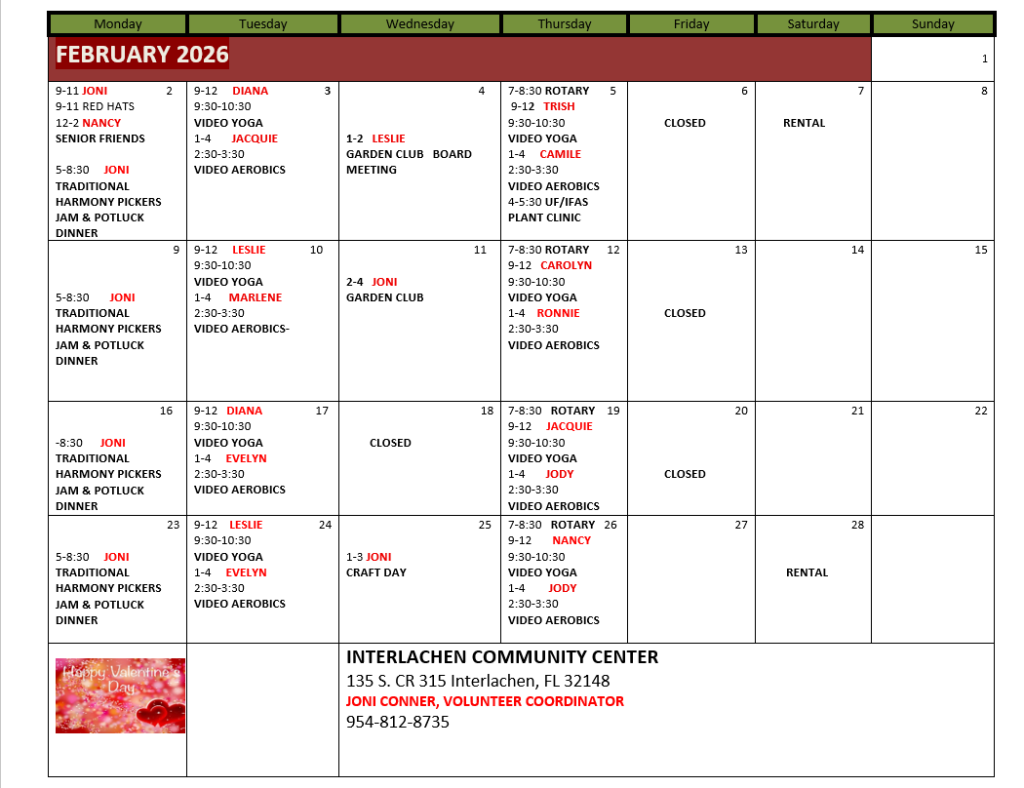 Community Center Calendar – Town of Interlachen, Florida