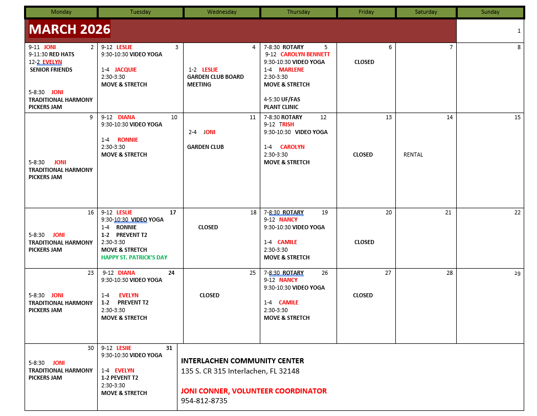 Community Center Calendar – Town of Interlachen, Florida